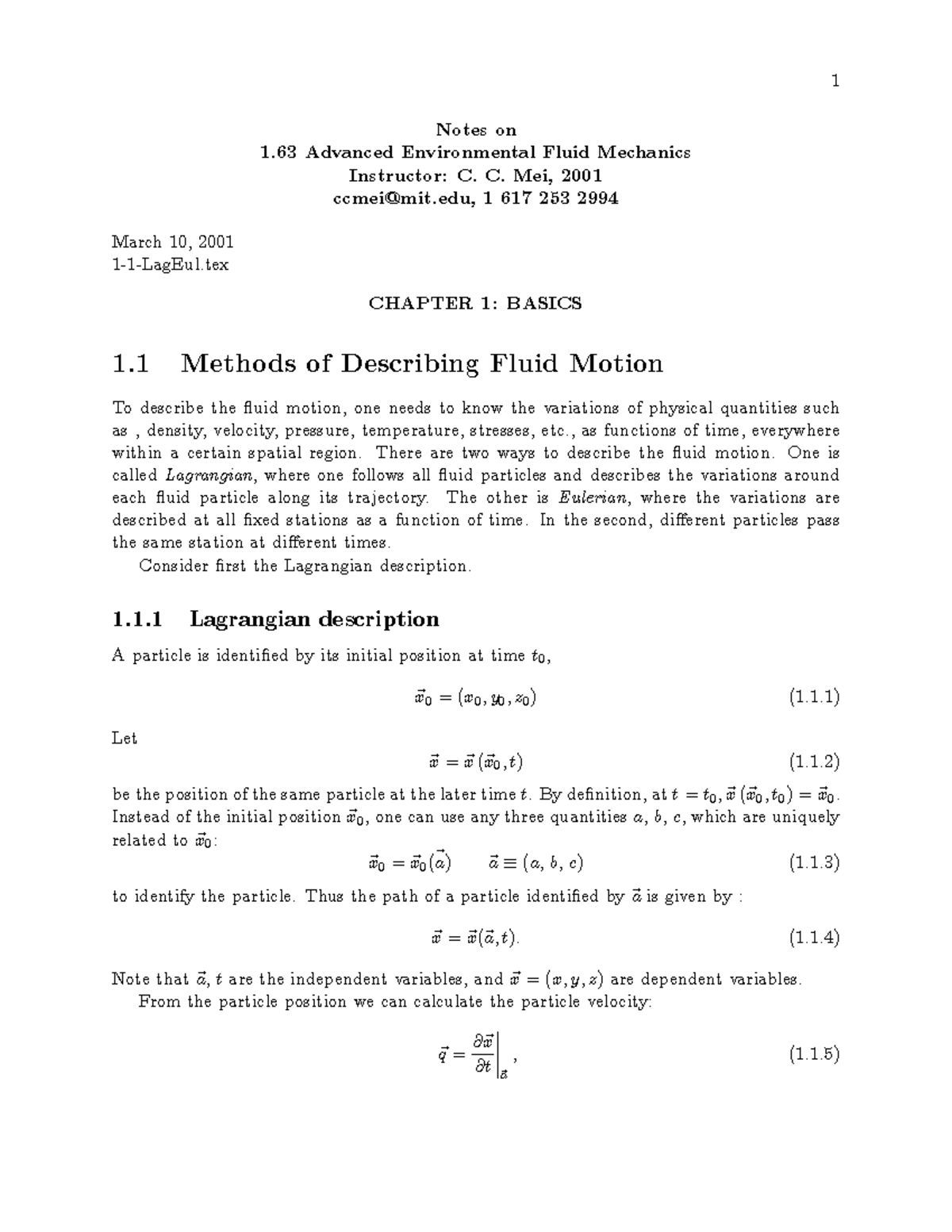 1-1-Lag Eul - Electrical - 1 Notes on 1 Advanced Environmental Fluid ...