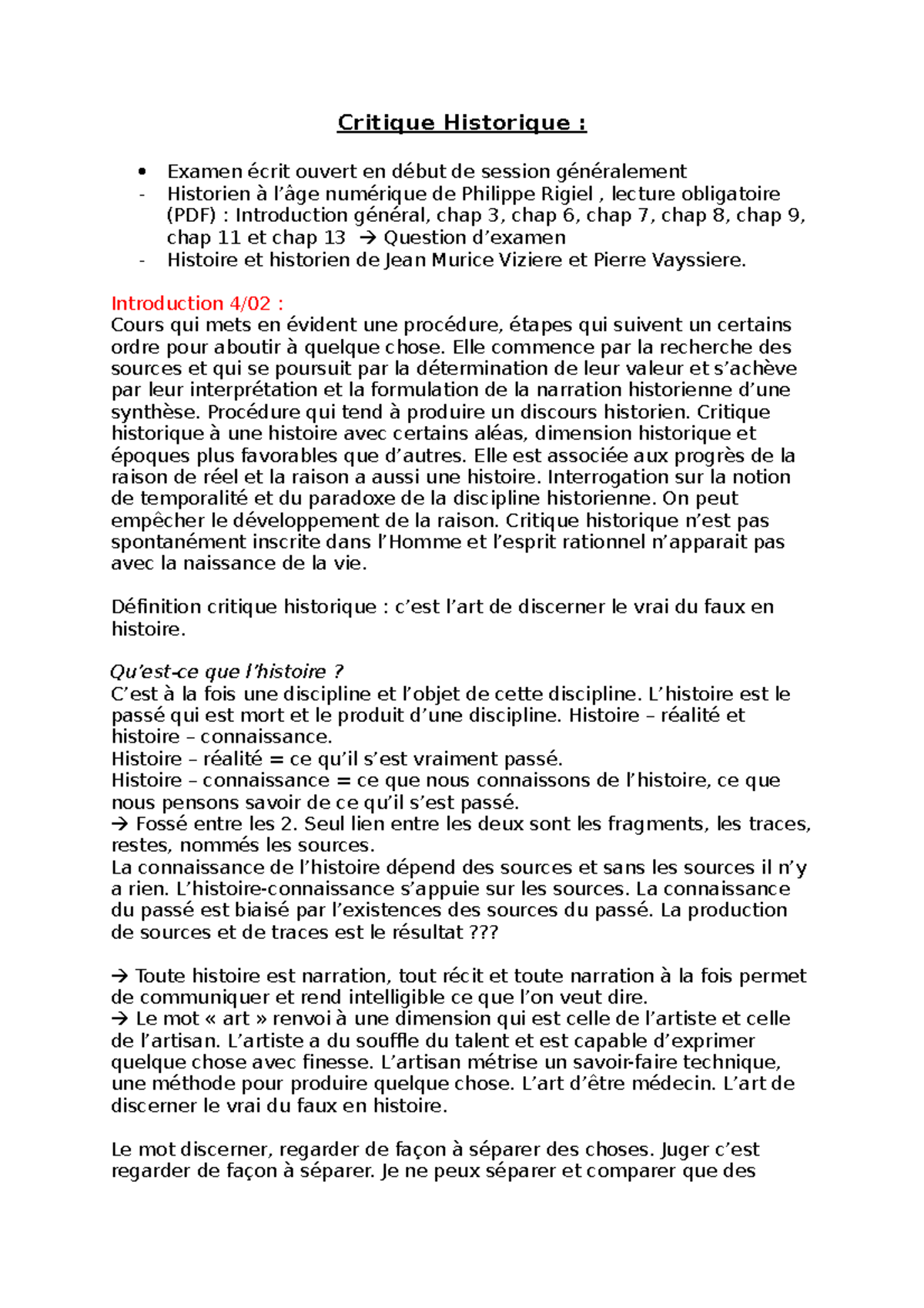 Critique Historique synthèse non complète - Critique Historique ...