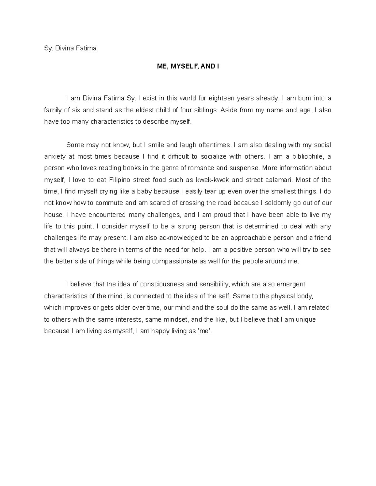 SELF Introduction Sample - Sy, Divina Fatima ME, MYSELF, AND I I am ...