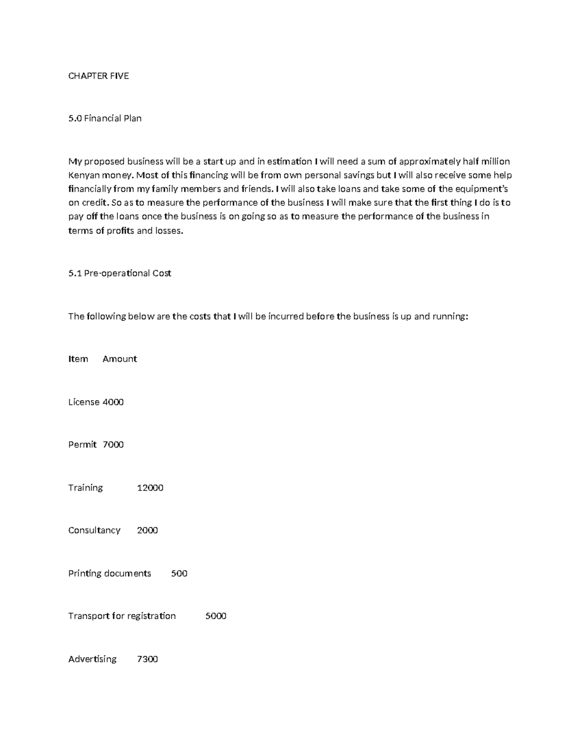 Chapter 5 - this is the detail for business plan - CHAPTER FIVE 5 ...