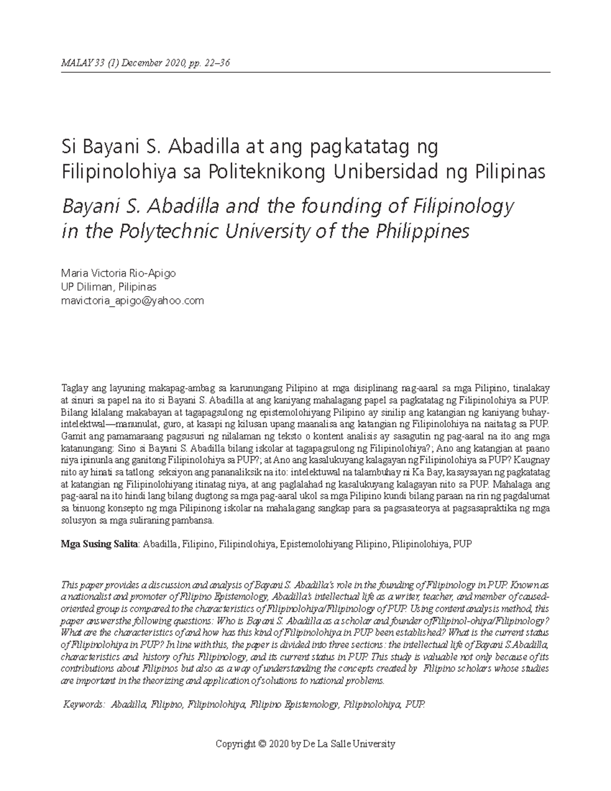 2-apigo - Filipinolohiya - MALAY 33 (1) December 2020, pp. 22– Copyright © 2020 by De La Salle ...