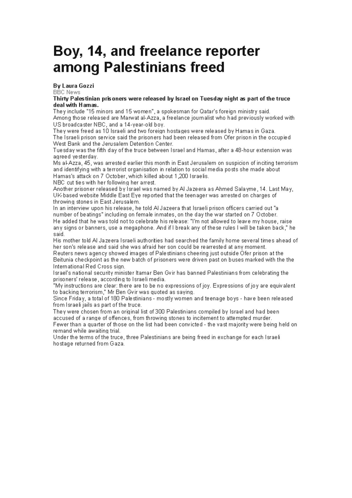 Boy - boy - Boy, 14, and freelance reporter among Palestinians freed By ...