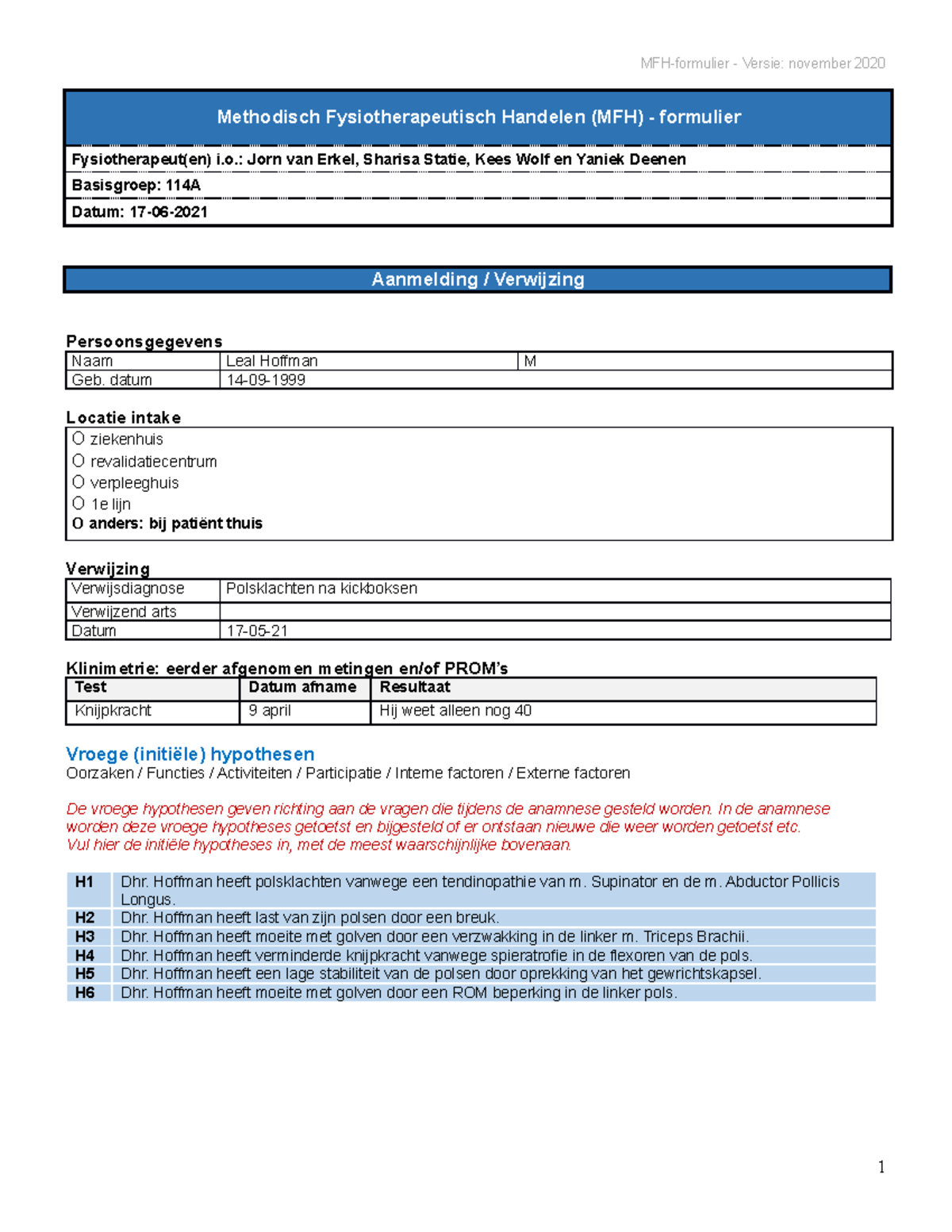 MFH-Formulier - Eindproduct - Methodisch Fysiotherapeutisch Handelen ...