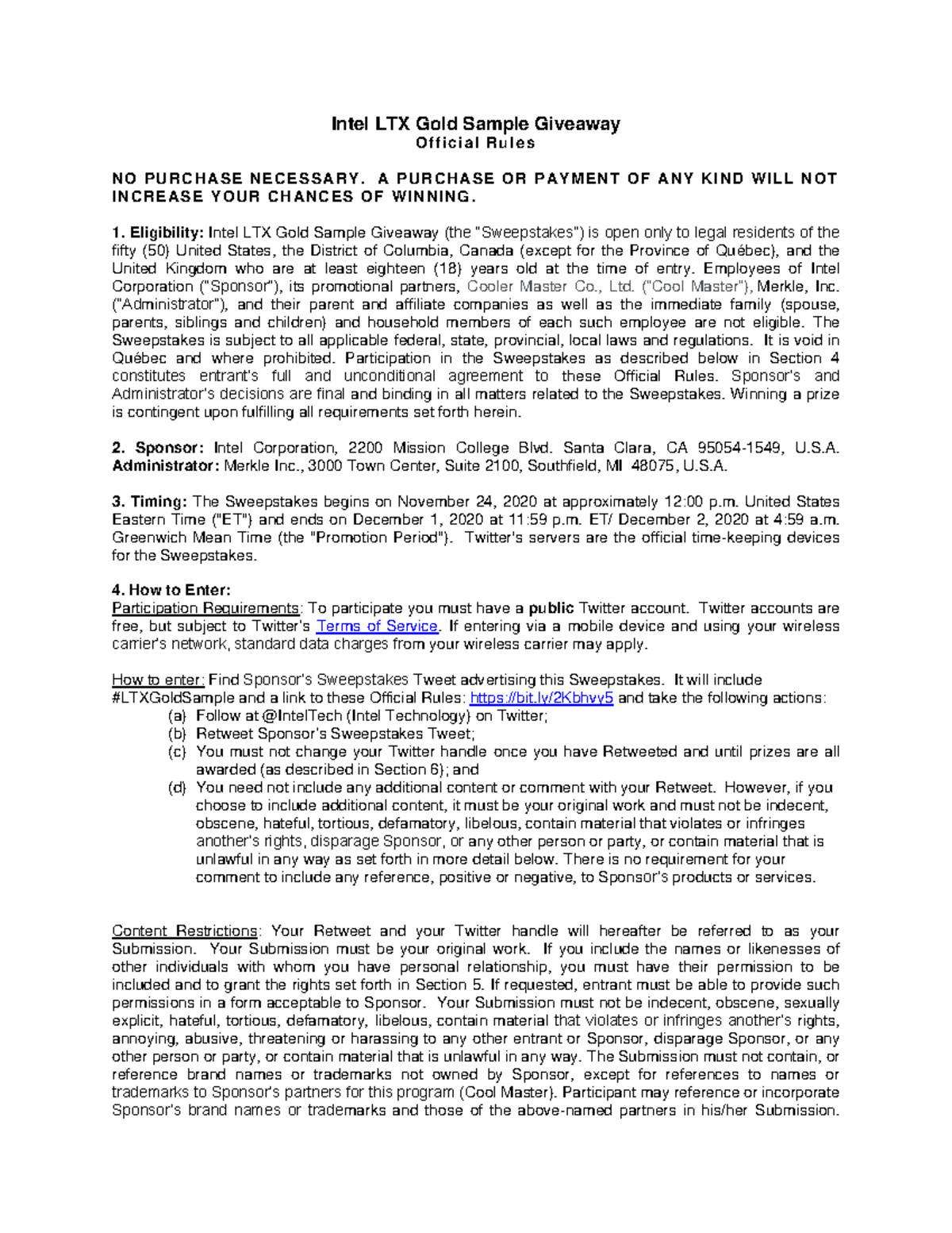 Rules - Management - Intel LTX Gold Sample Giveaway O ffi ci al Ru l es ...