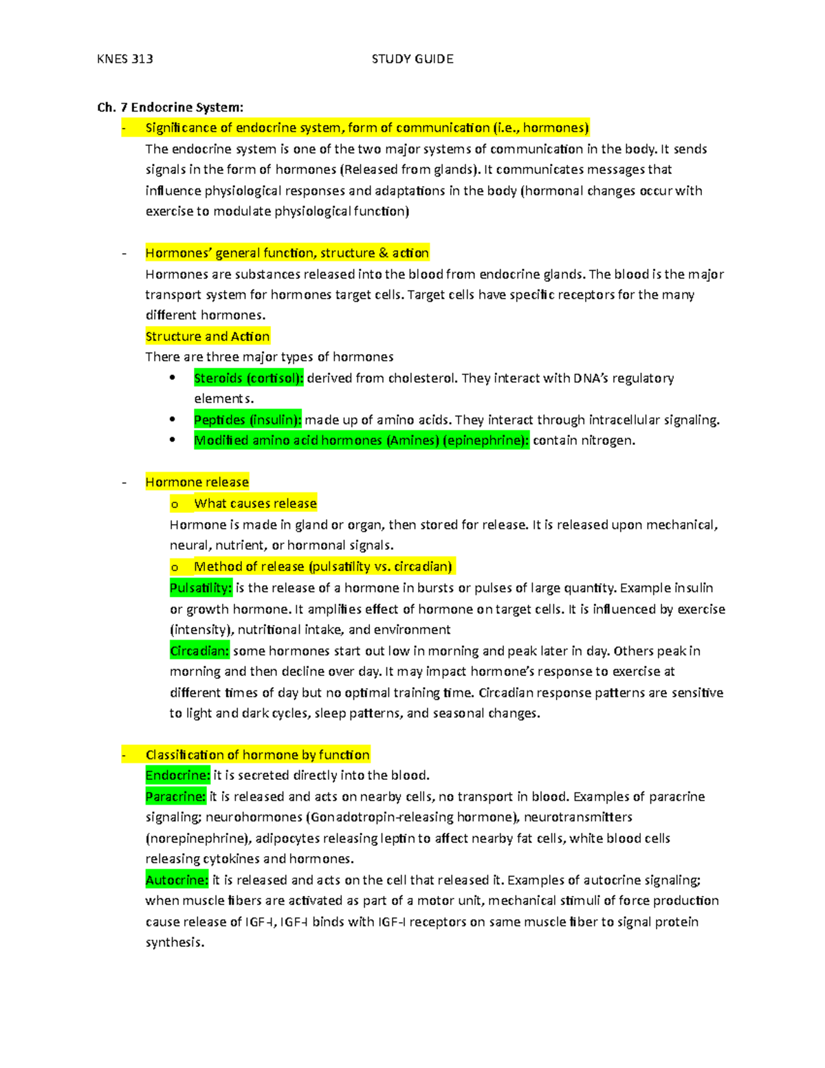 Chapter 7 Study Guide - Ch. 7 Endocrine System: - Significance of ...