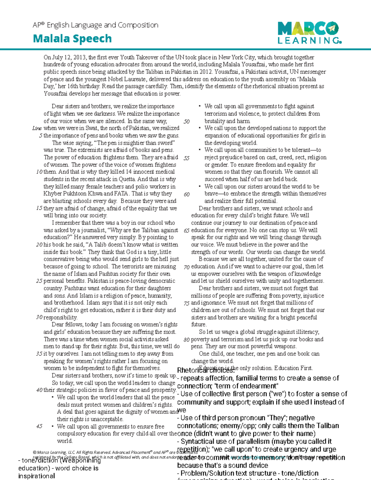 Malala+speech - speech - AP® English Language and Composition Malala ...