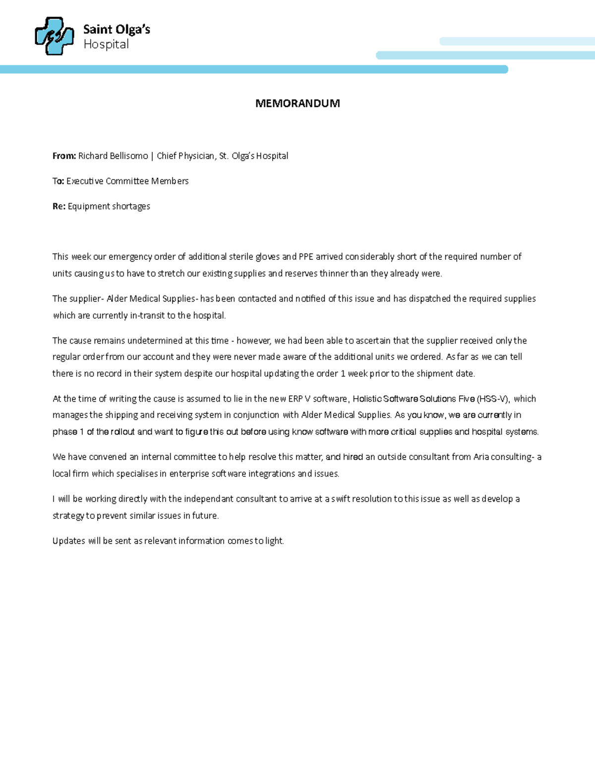 St Olga’s Hospital - Executive Memorandum - Saint Olga’s Hospital ...