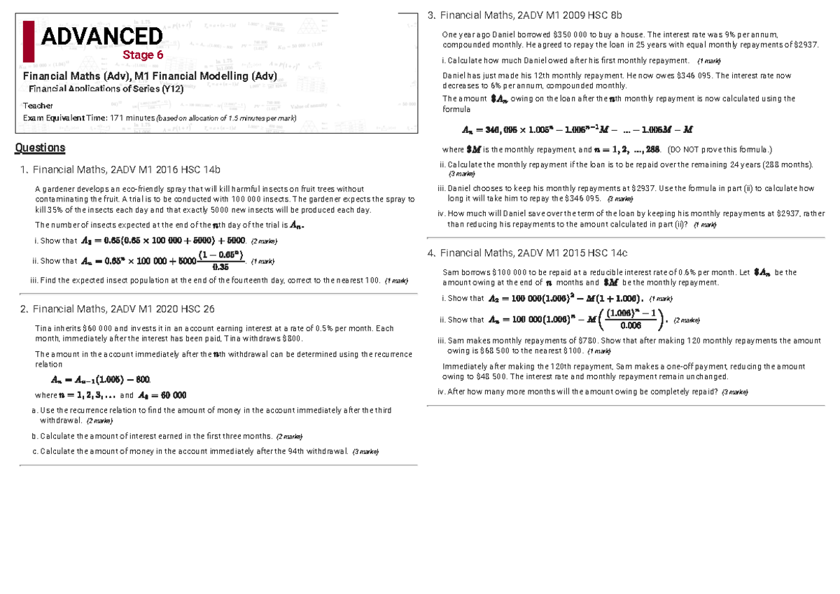 Advanced Maths Annuities - 1. Financial Maths, 2ADV M1 2016 HSC 14b 2 ...