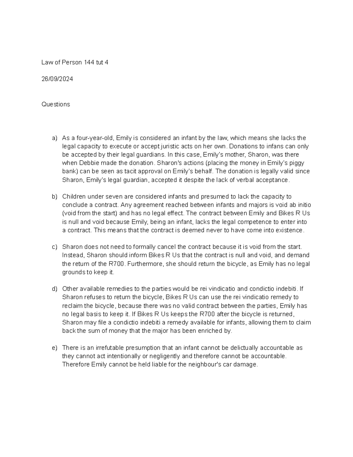 Lop tut 4 studoc - Law of Persons tutorial 4, validity of a contract ...