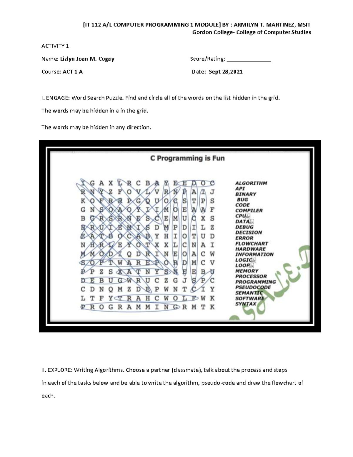Cogay COM PROG ACT1 - JYGTGRDF - Gordon College- College of Computer Studies ACTIVITY 1 Name ...