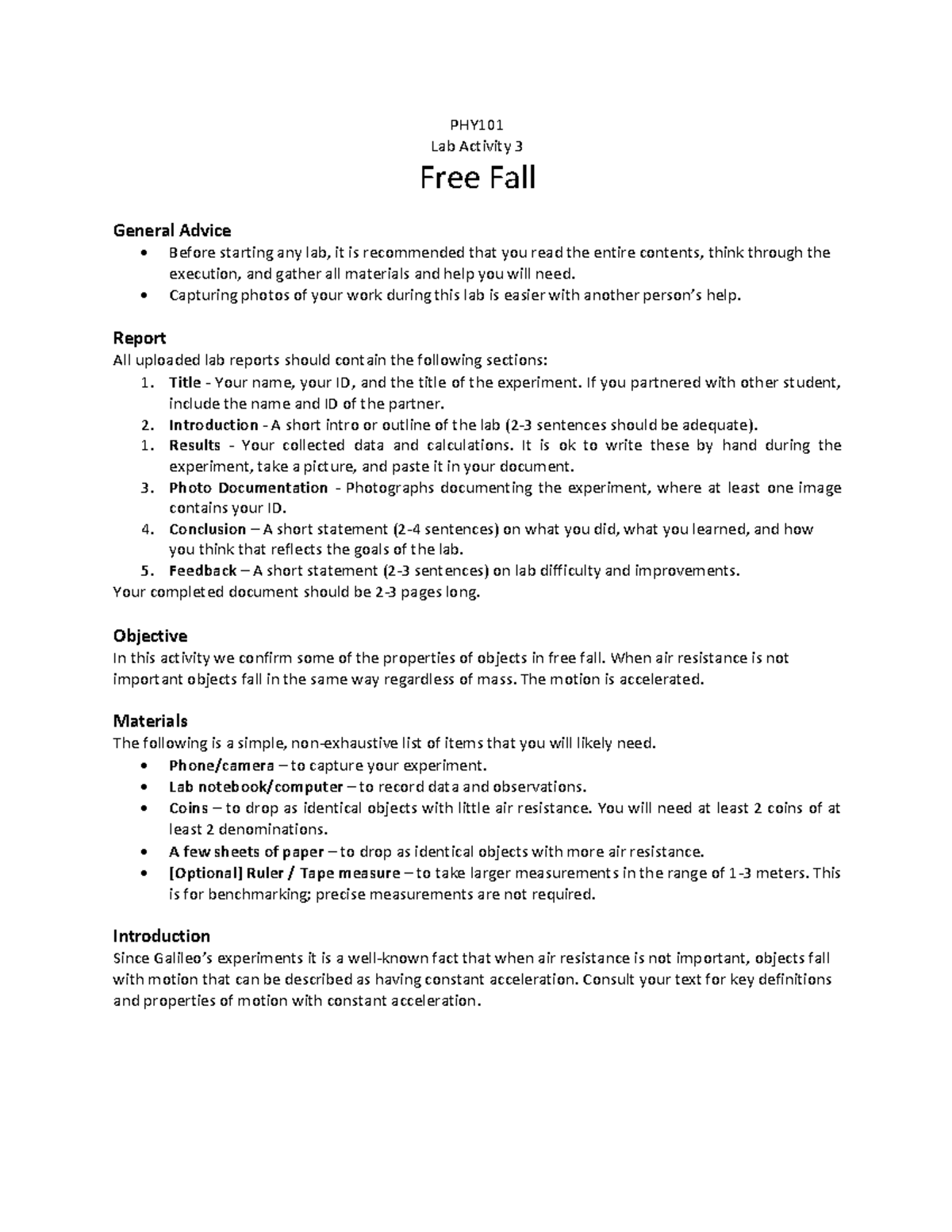 Activity 03 Free fall v2024 - PHY Lab Activity 3 Free Fall General ...