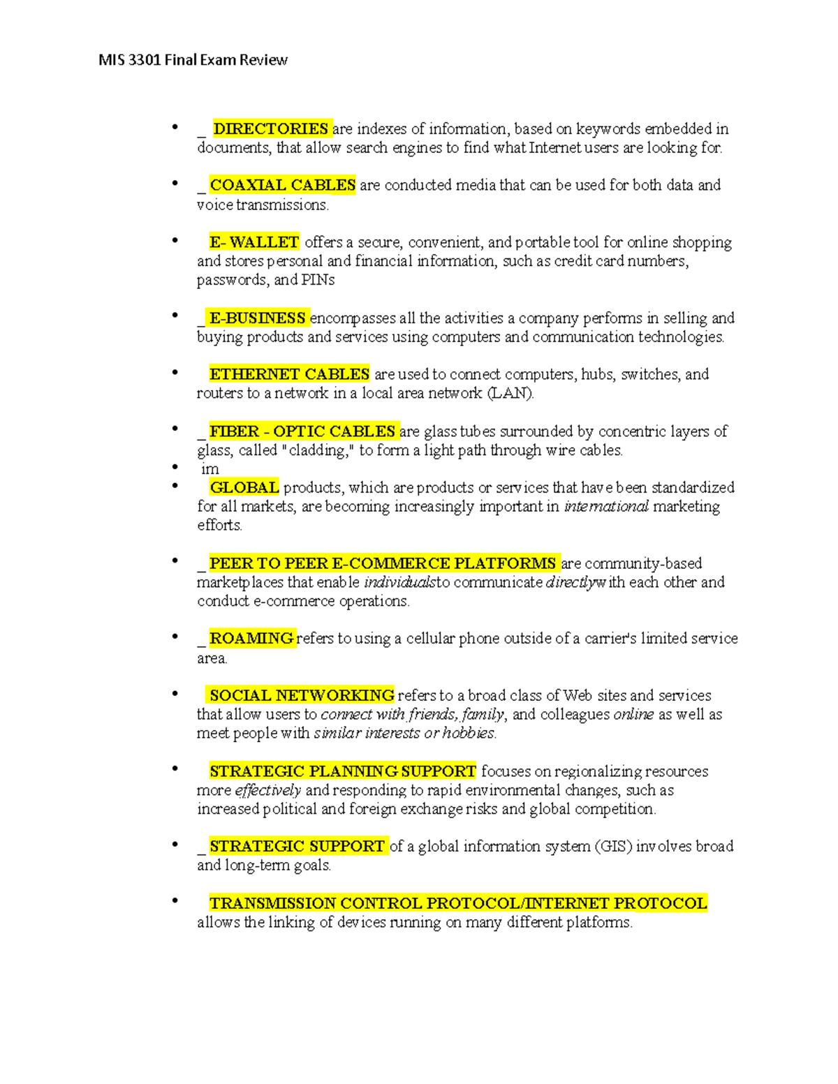 Final Exam Review - Potential questions to be posed covering the entire ...