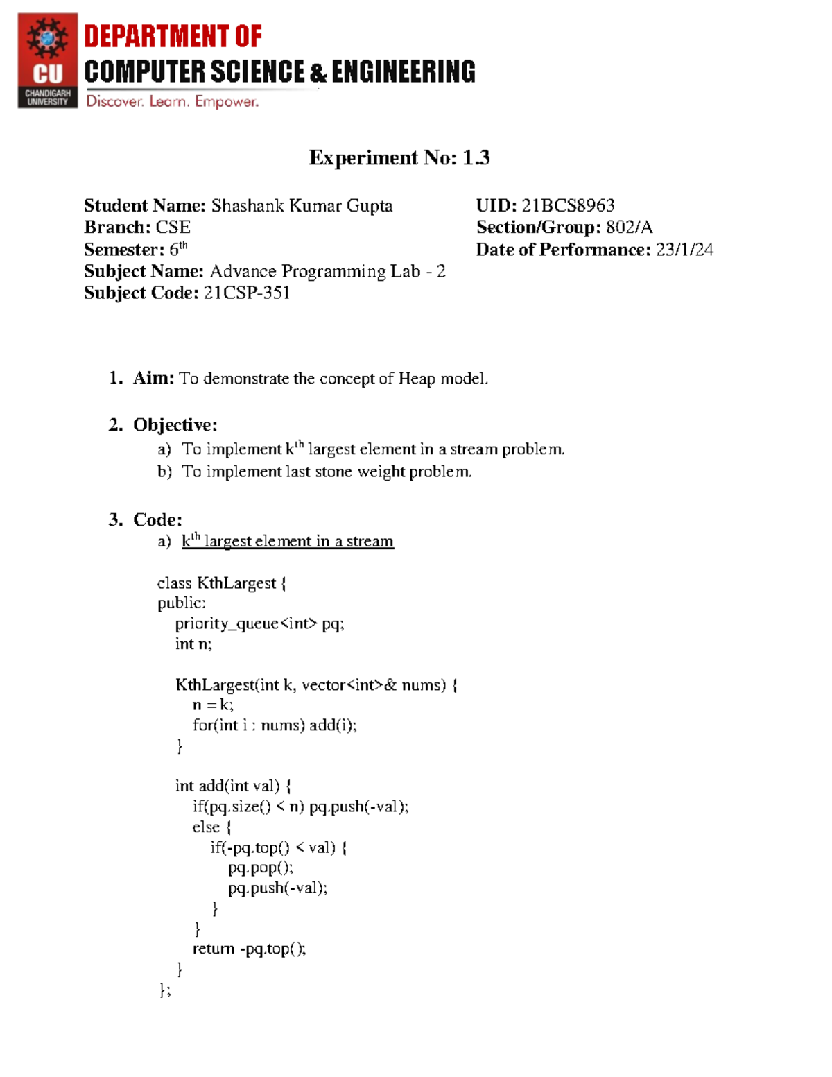 Exp3 Advance Programming Lab Exps Department Of Computer Science And Engineering Experiment
