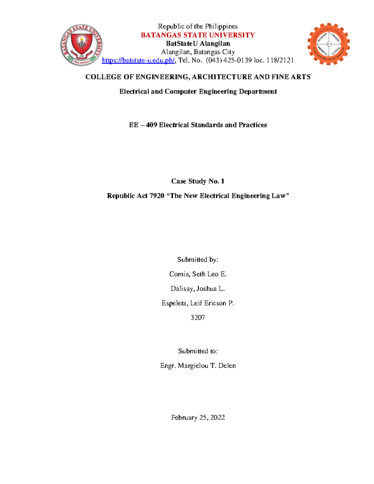 Group 11 Case Study # 1 RA 7920 electrical - Power System Analysis ...