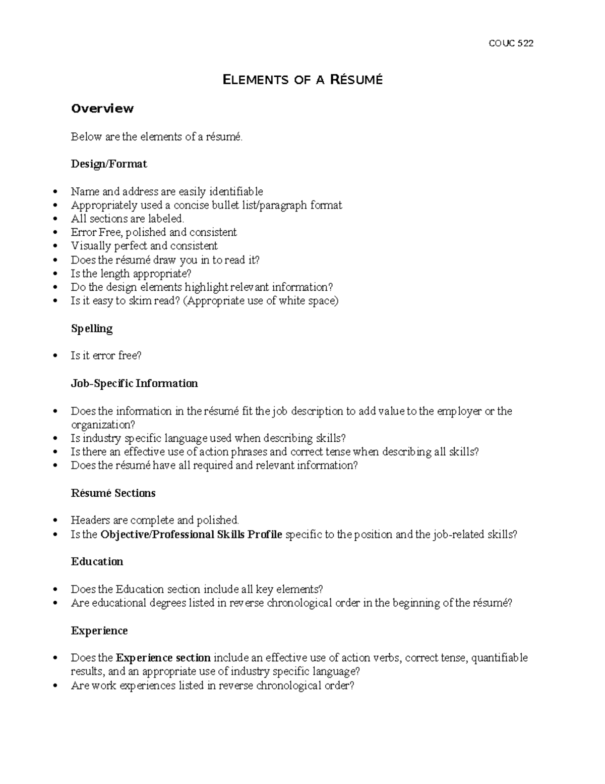 Elements of a Resume - COUC 522 ELEMENTS OF A RÉSUMÉ Overview Below are ...