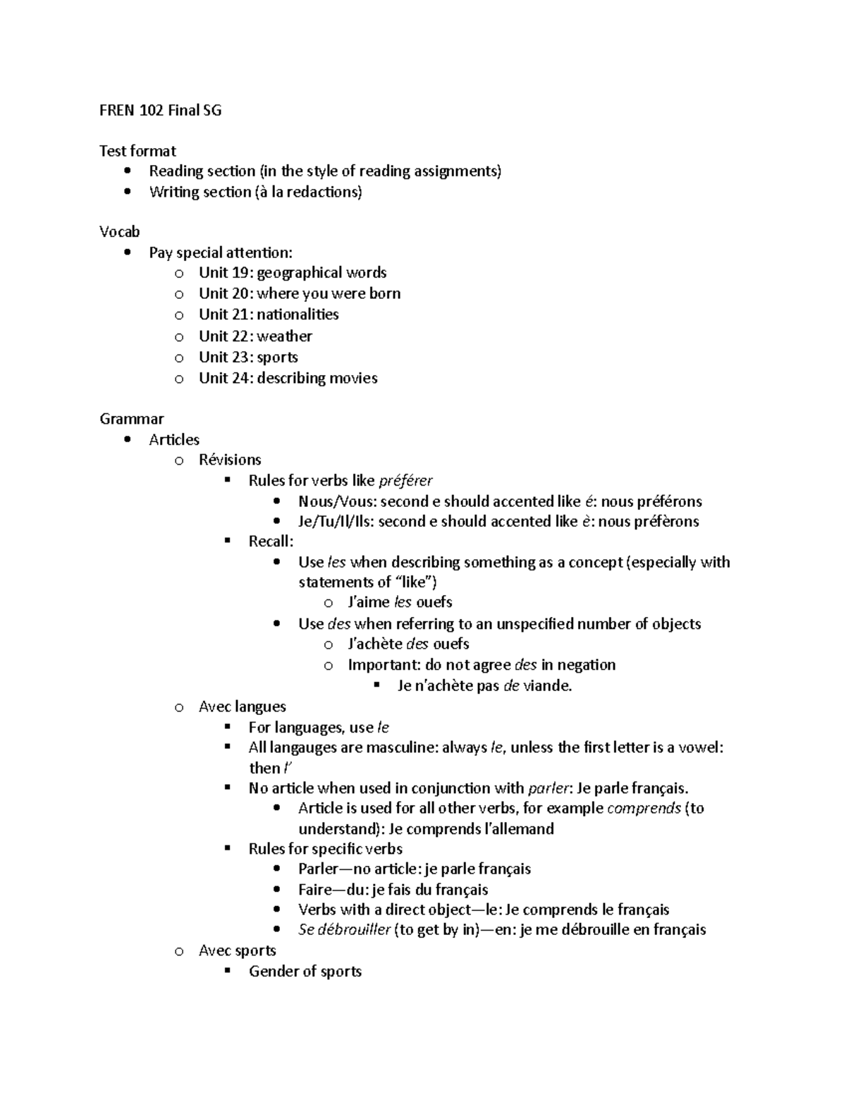 FREN 102 Final SG - units 19-24 - FREN 102 Final SG Test format Reading ...