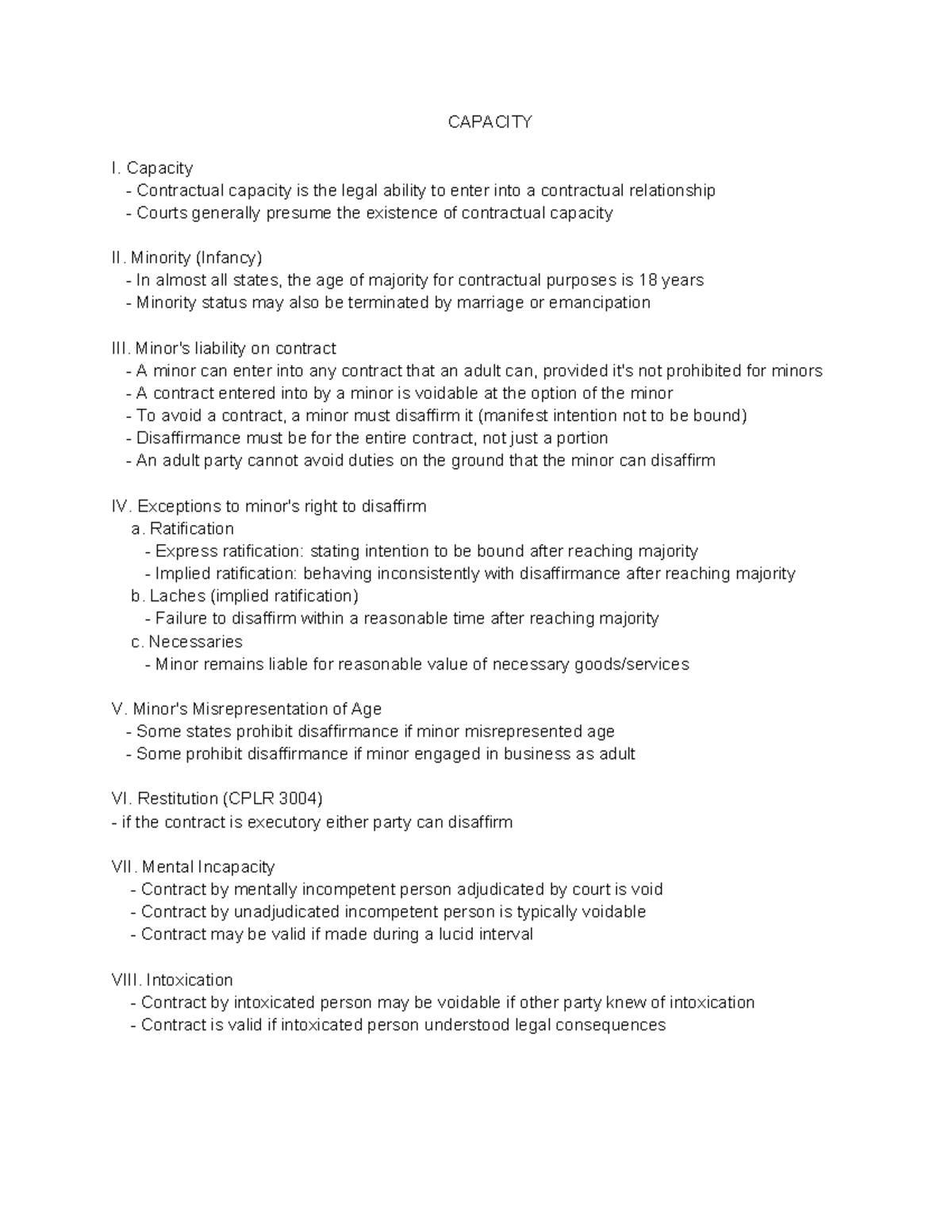 Capacity Notes - CAPACITY I. Capacity - Contractual capacity is the ...