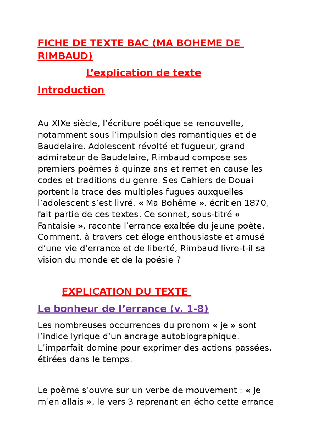 Fiche DE Texte BAC - Très facile a retenir - FICHE DE TEXTE BAC (MA BOHEME DE RIMBAUD) L ...