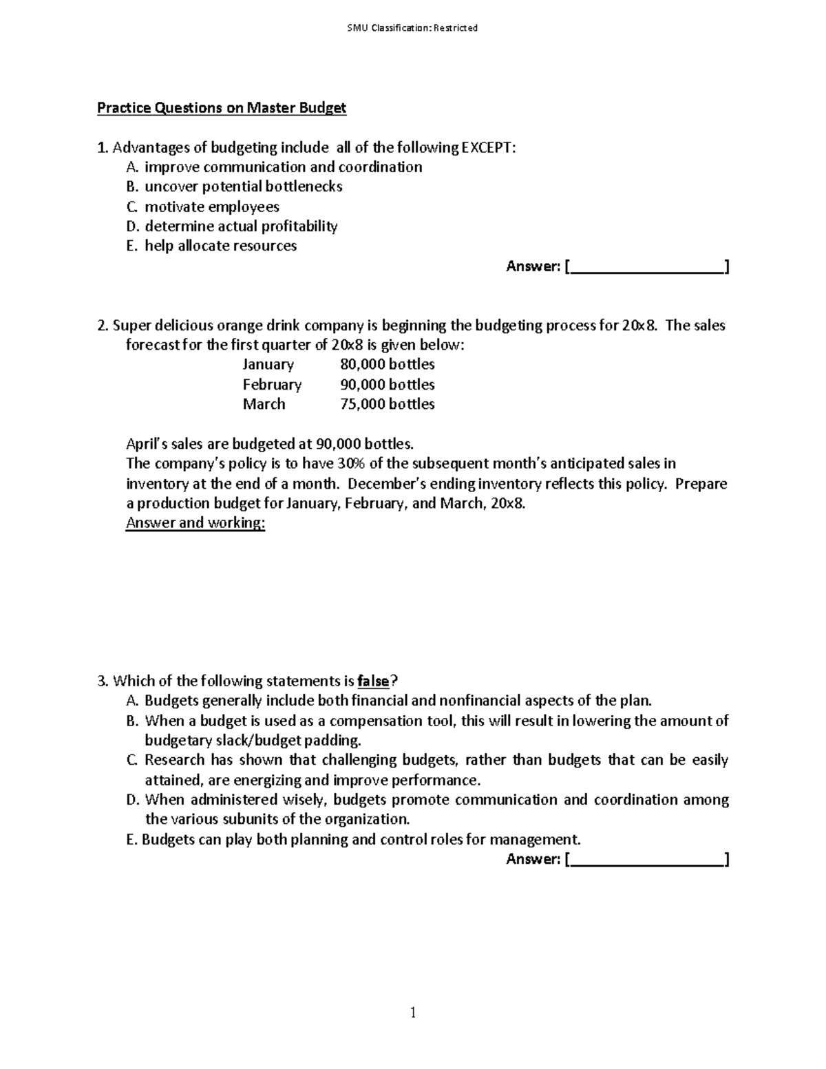 Master Budget - Practise Questions - Practice Questions on Master ...