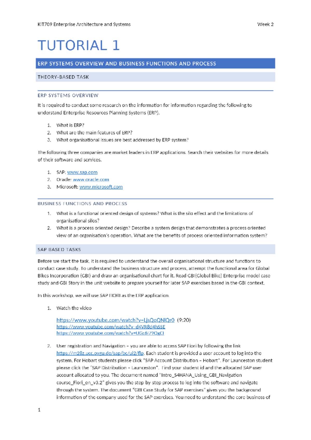 Tutorial 01 - KIT709 Enterprise Architecture and Systems - K7I - UTAS - Studocu