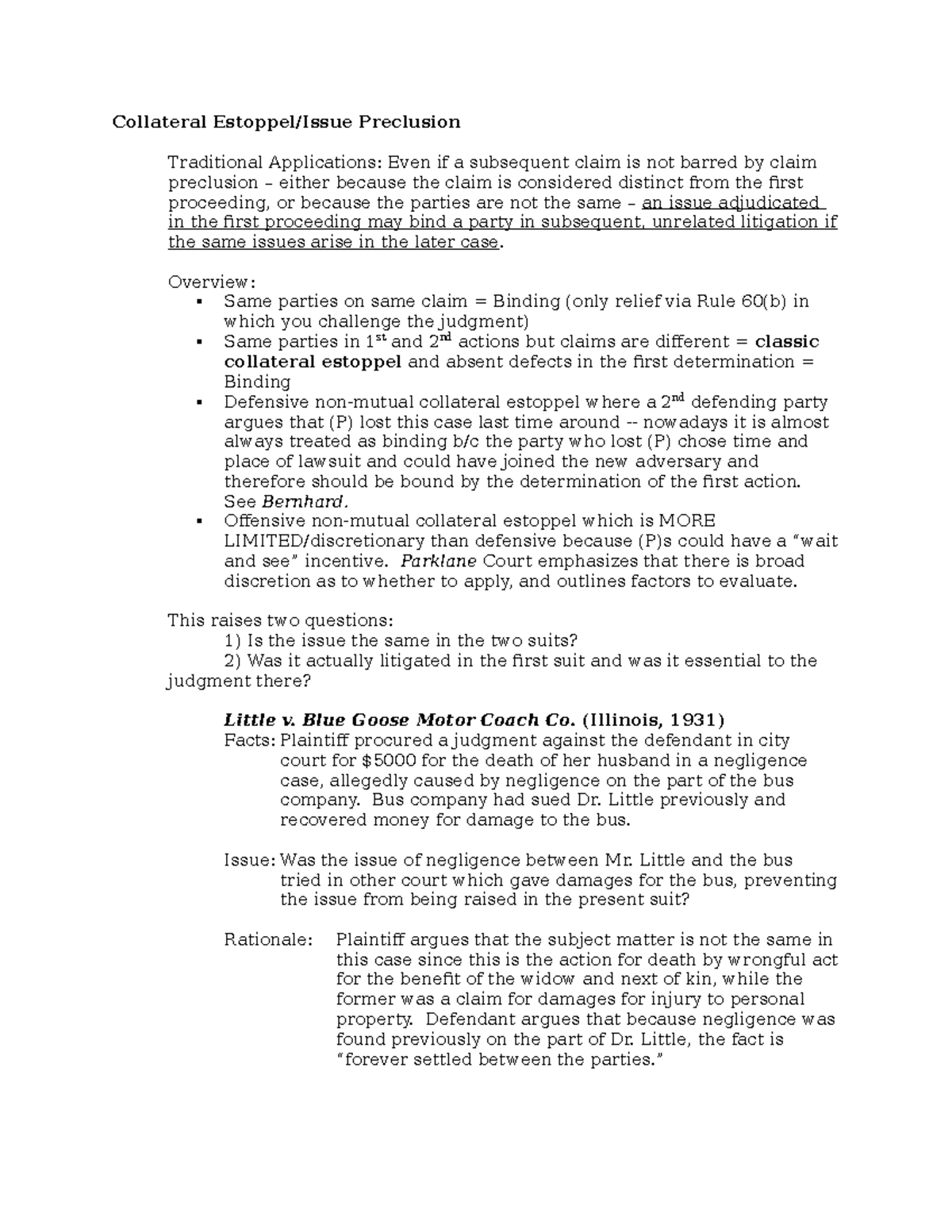 Civil Procedure Law Outline - 1 - Collateral Estoppel/Issue Preclusion ...