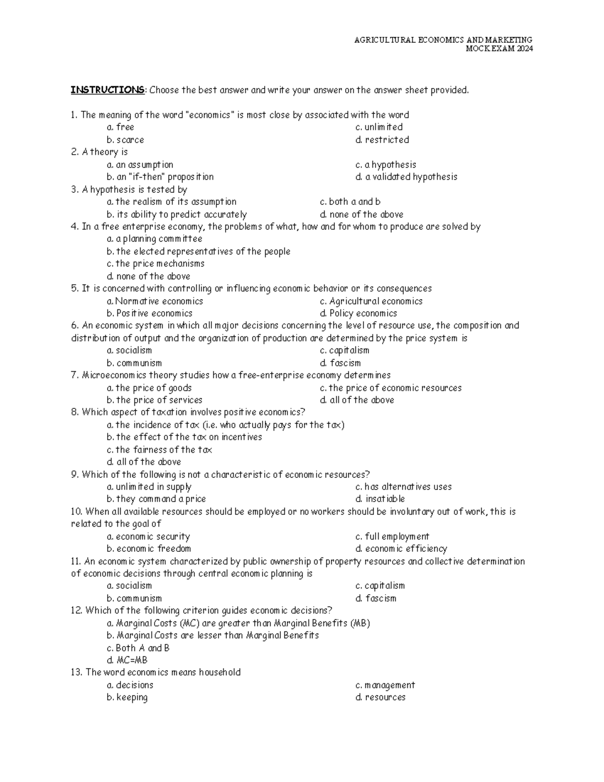 PRE TEST AG ECON - MOCK EXAM 2024 INSTRUCTIONS: Choose the best answer ...