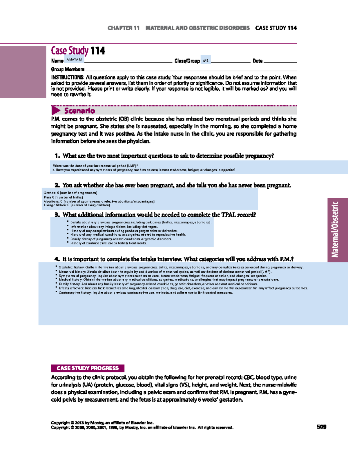 114CS - CHAPTER 11 Case Study 114 Name Group Members MATERNAL AND OBSTETRIC DISORDERS Class ...