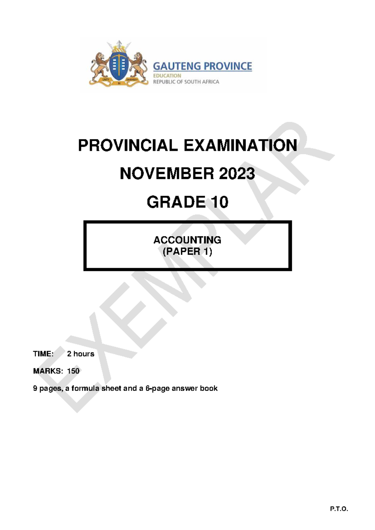Grade 10 Provincial Examination Accounting P1 (English) November 2023 Question Paper ...