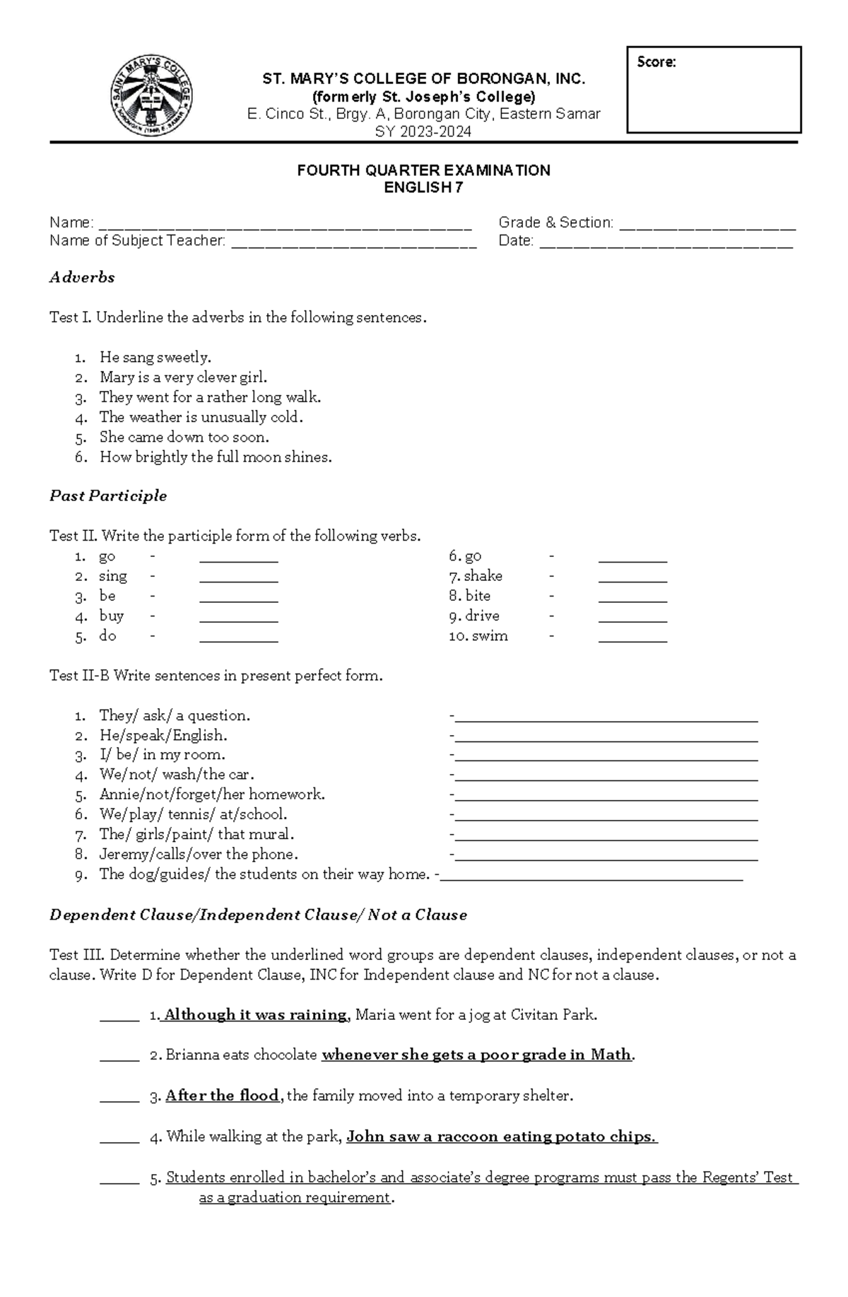 English Grade 7 4th Quarter - ST. MARY’S COLLEGE OF BORONGAN, INC ...