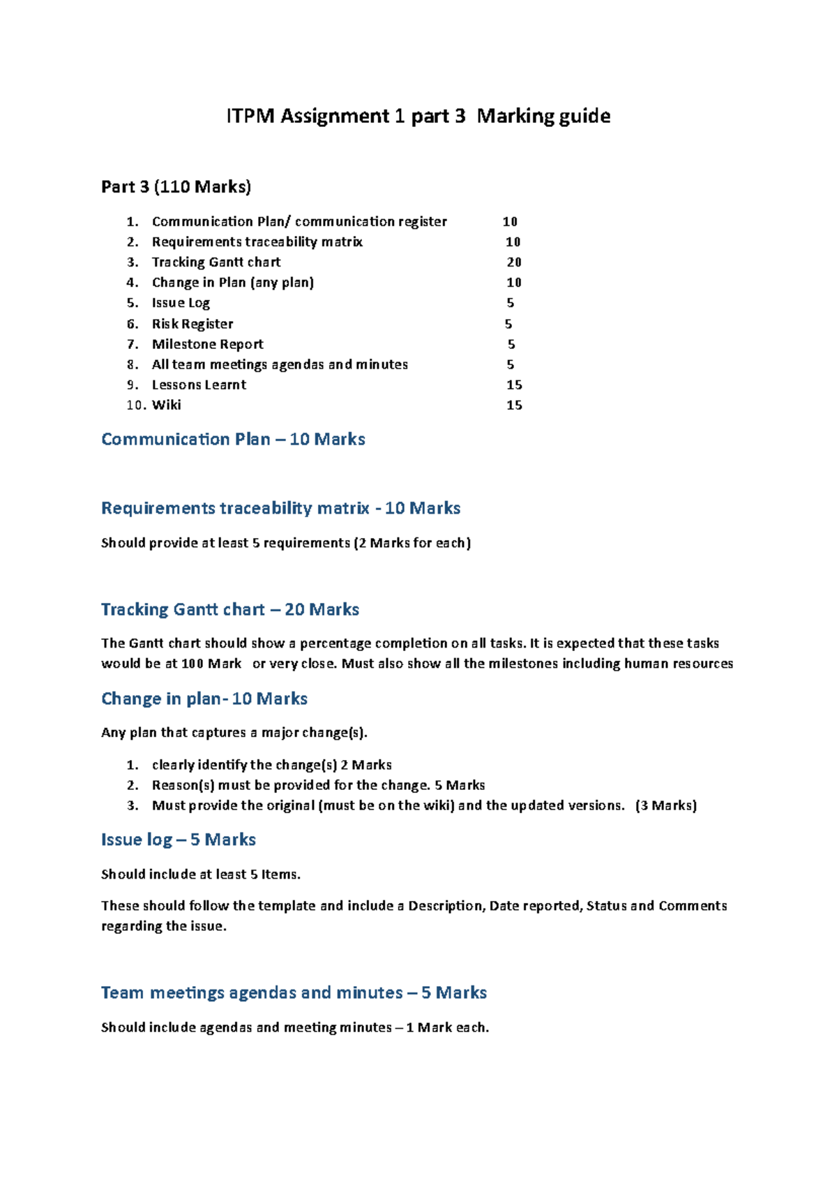 ITPM Part 3 marking rubric - ITPM Assignment 1 part 3 Marking guide ...