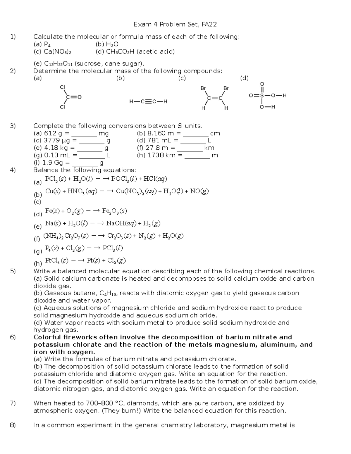 Exam 4 Problem Set FA22 - This is a practice exam for exam four for chemistry 104. - Exam 4 ...