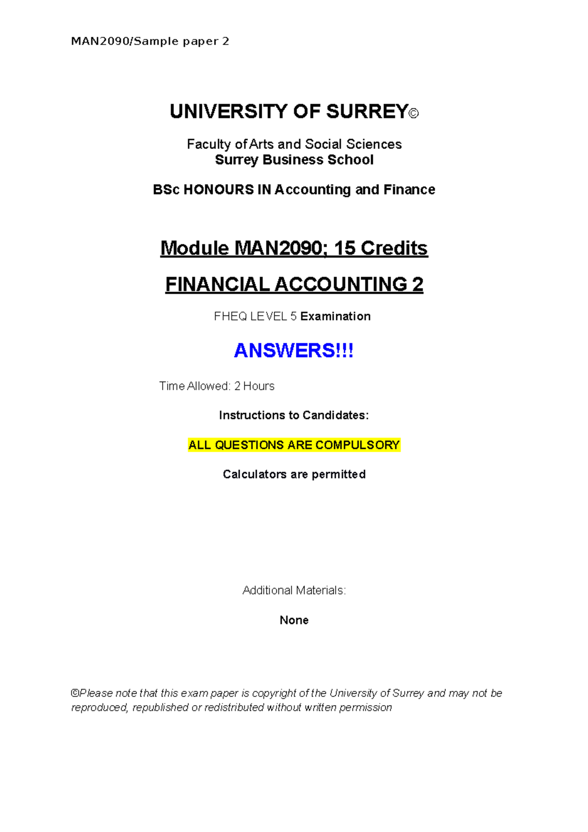 Financial Accounting 2 Sample exam paper 20-21 Answers - MAN2090/Sample ...