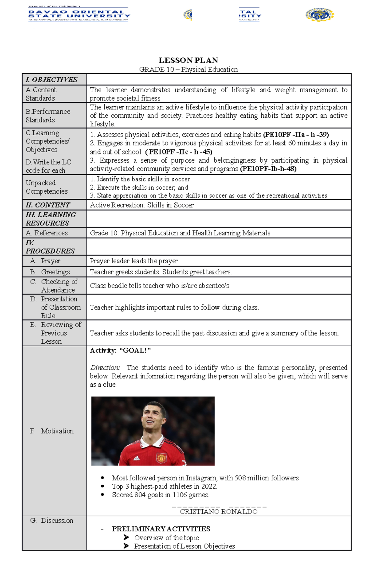 FS LP 7 - Lesson Plan - LESSON PLAN GRADE 10 – Physical Education I ...
