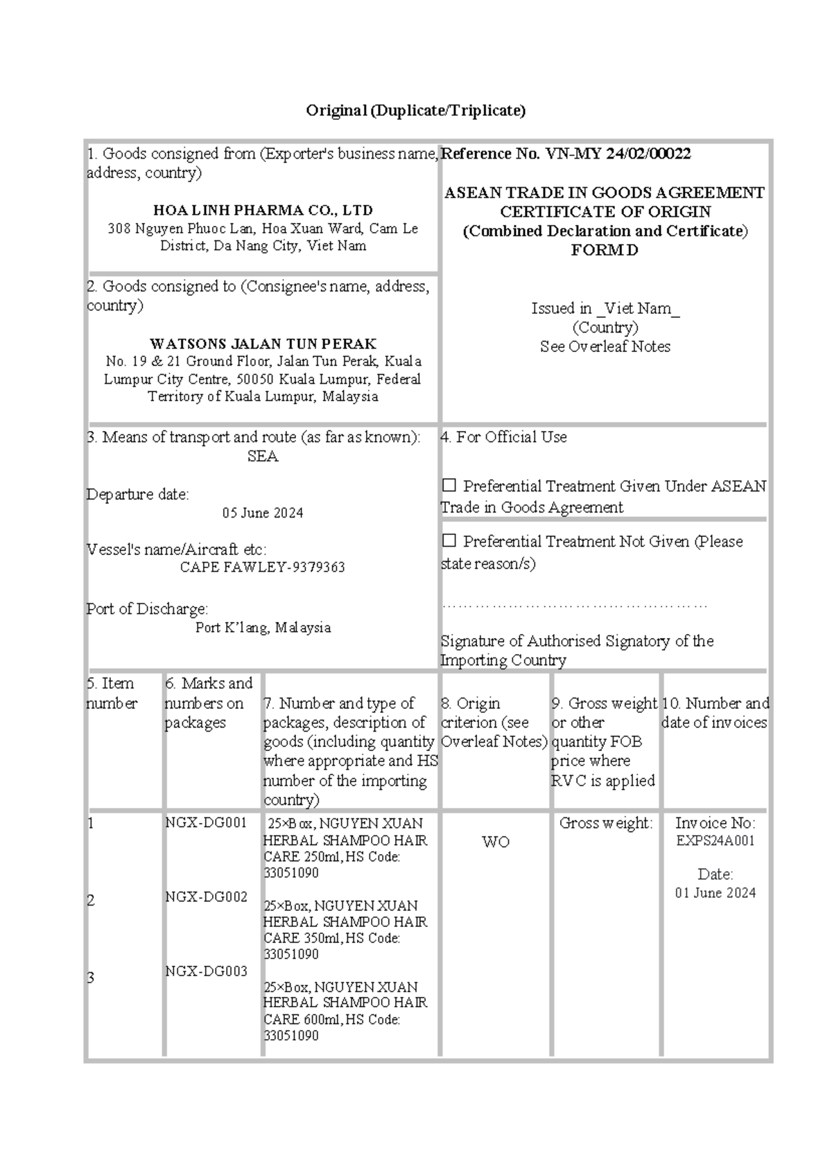 FORM D - TÀI LIỆU THAM KHẢO - Original (Duplicate/Triplicate) 1. Goods ...