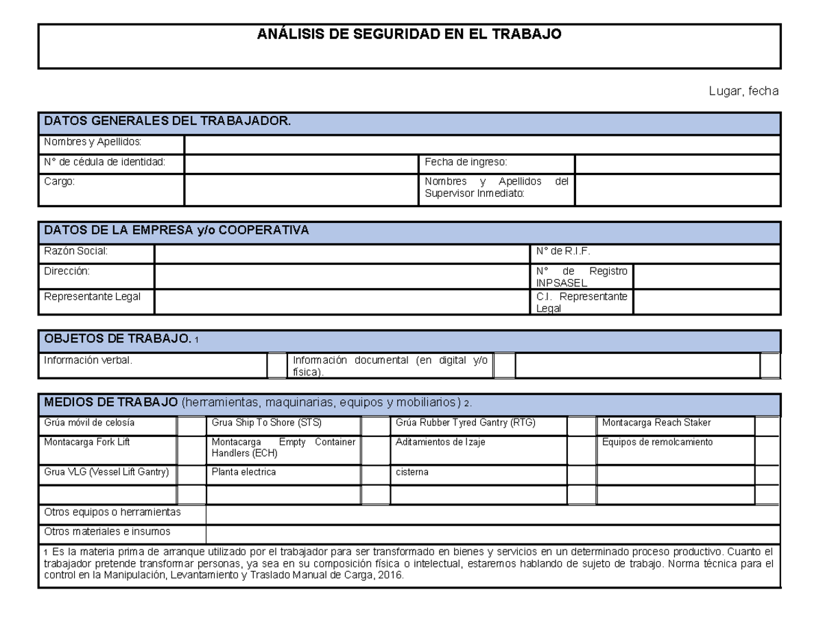 Formato de Analisis de Seguridad en el Trabajo- AST Individual ...