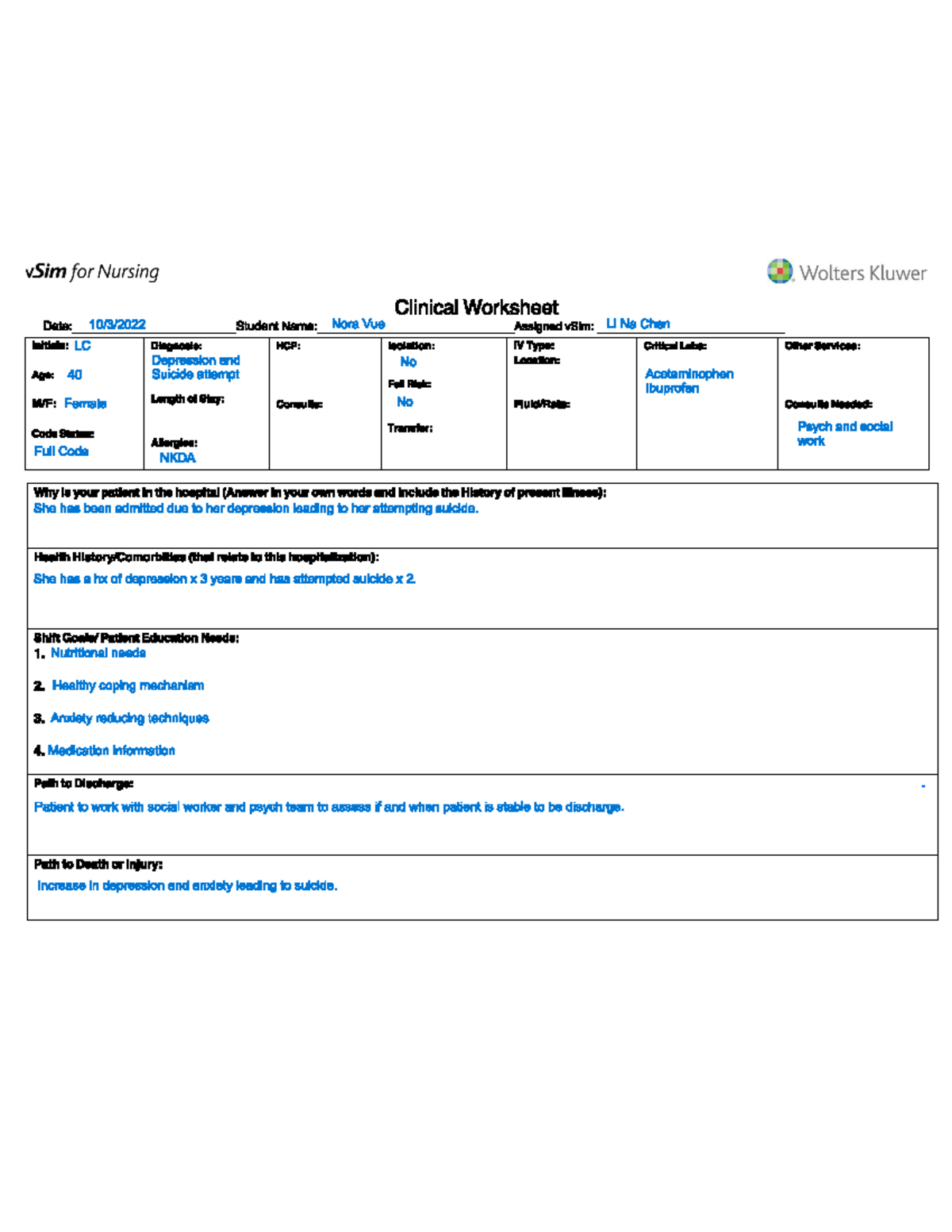 L.Chen Clinical Worksheet - . a vSim for Nursing Wolters Kluwer ...