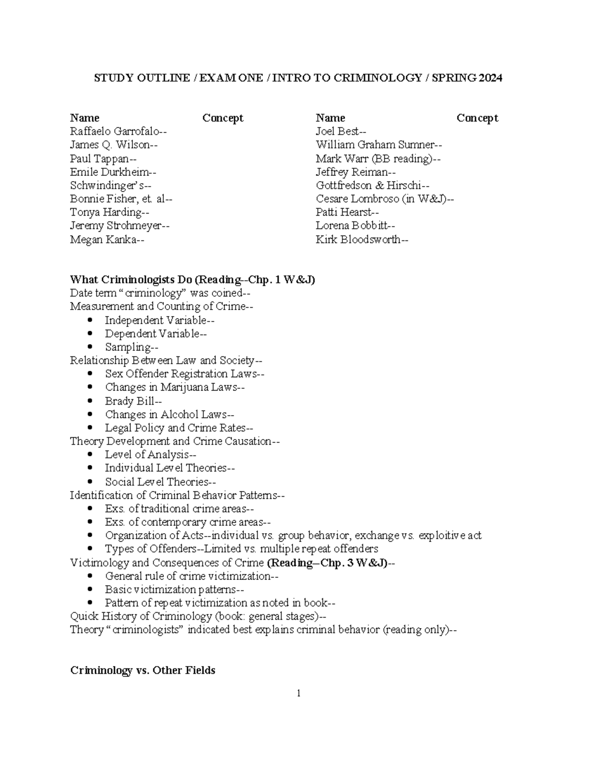 Study Guide CRMJ - EXAM ONE / INTRO TO CRIMINOLOGY - STUDY OUTLINE ...