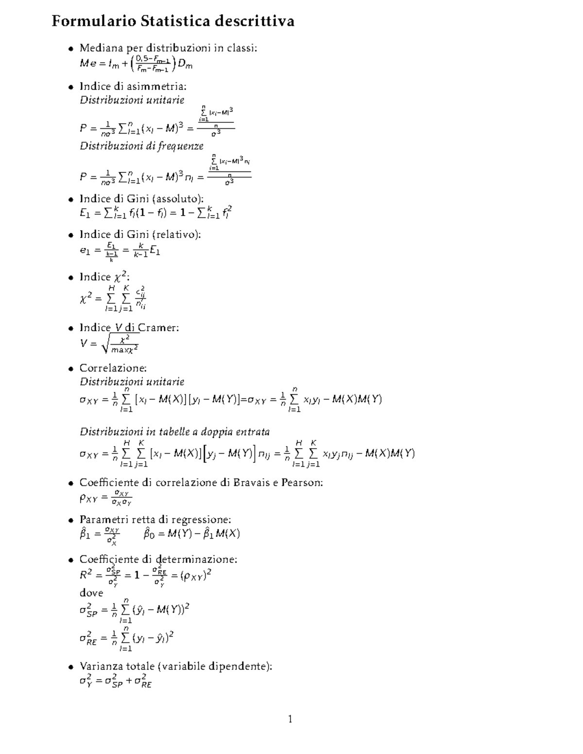 Formulario descrittiva - Formulario Statistica descrittiva Mediana per ...