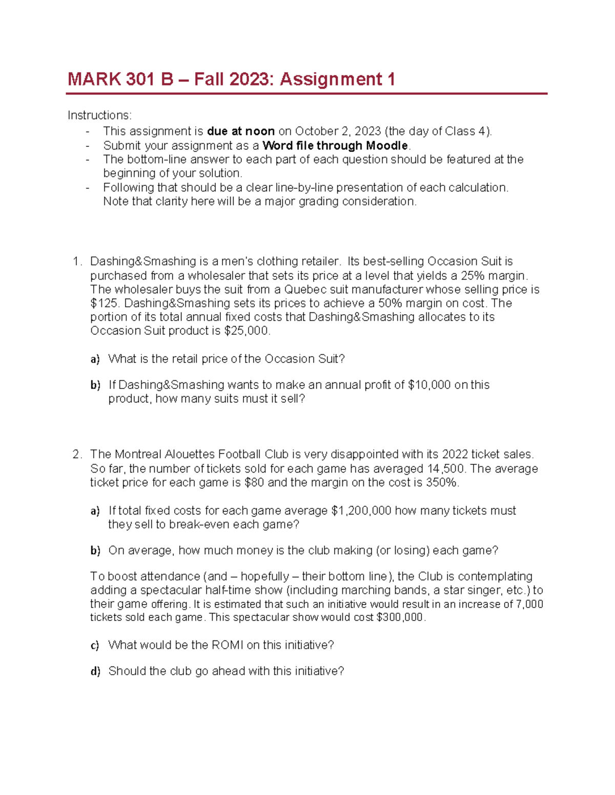 MARK 301 - Assignment 1 - MARK 301 B – Fall 2023: Assignment 1 ...