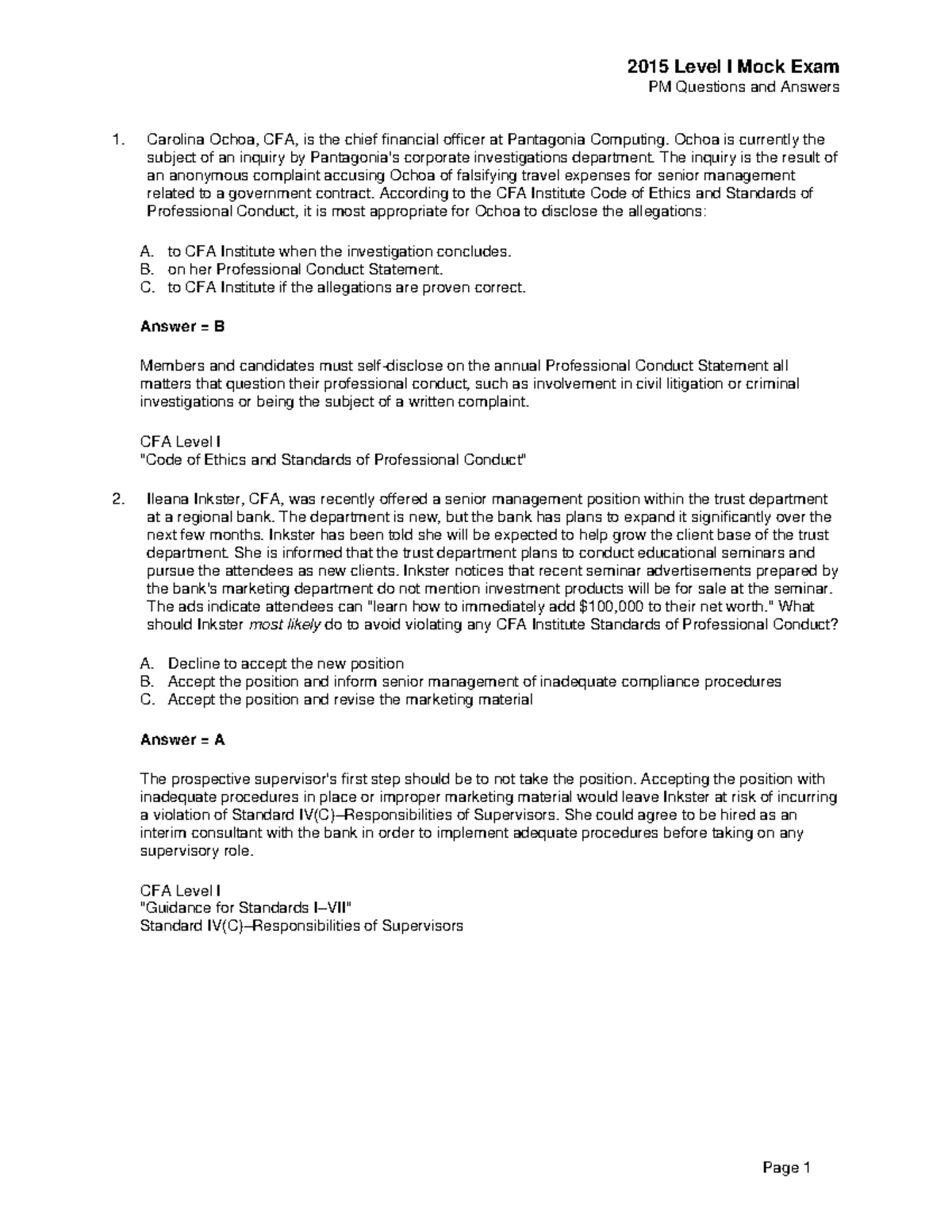 2015 CFA Level 1 Mock Exam afternoon questions answers removed - PM ...