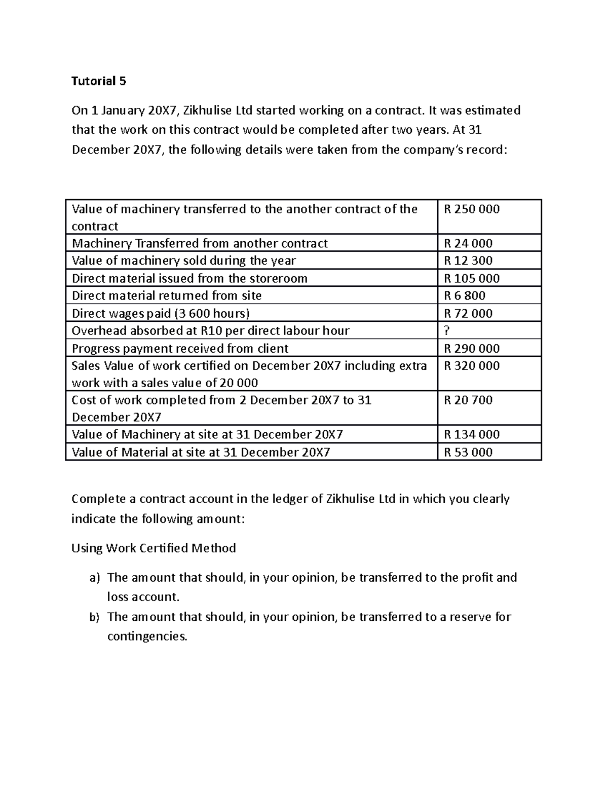 Tut5 - Tut5 - Tutorial 5 On 1 January 20X7, Zikhulise Ltd started working on a contract. It was ...