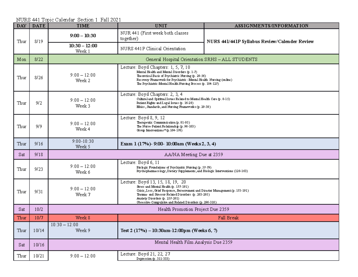 NURS441Calender Fall 2021 01(1) (2) updated due to ati practice on Oct ...