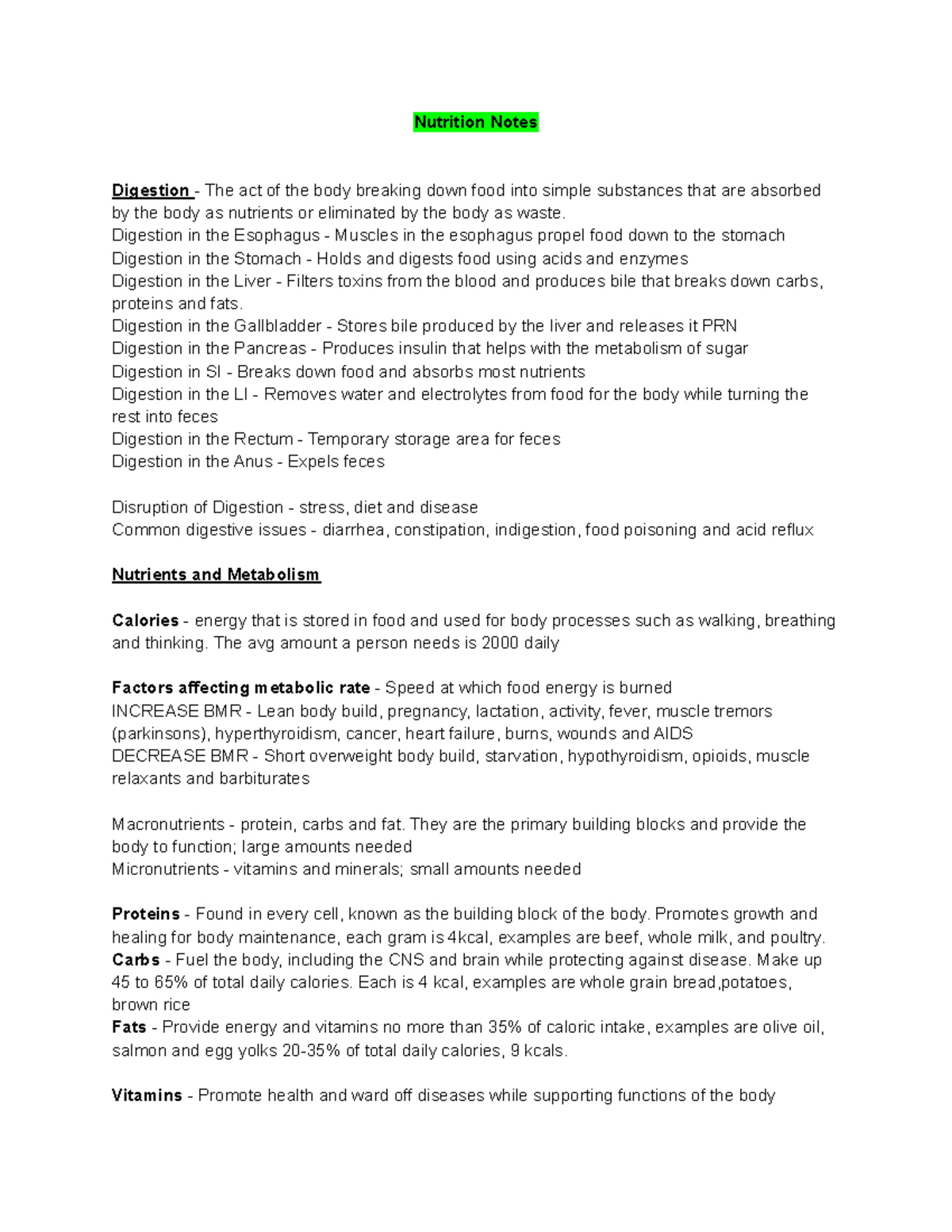 Nutrition notes ap - Nutrition Notes Digestion - The act of the body ...