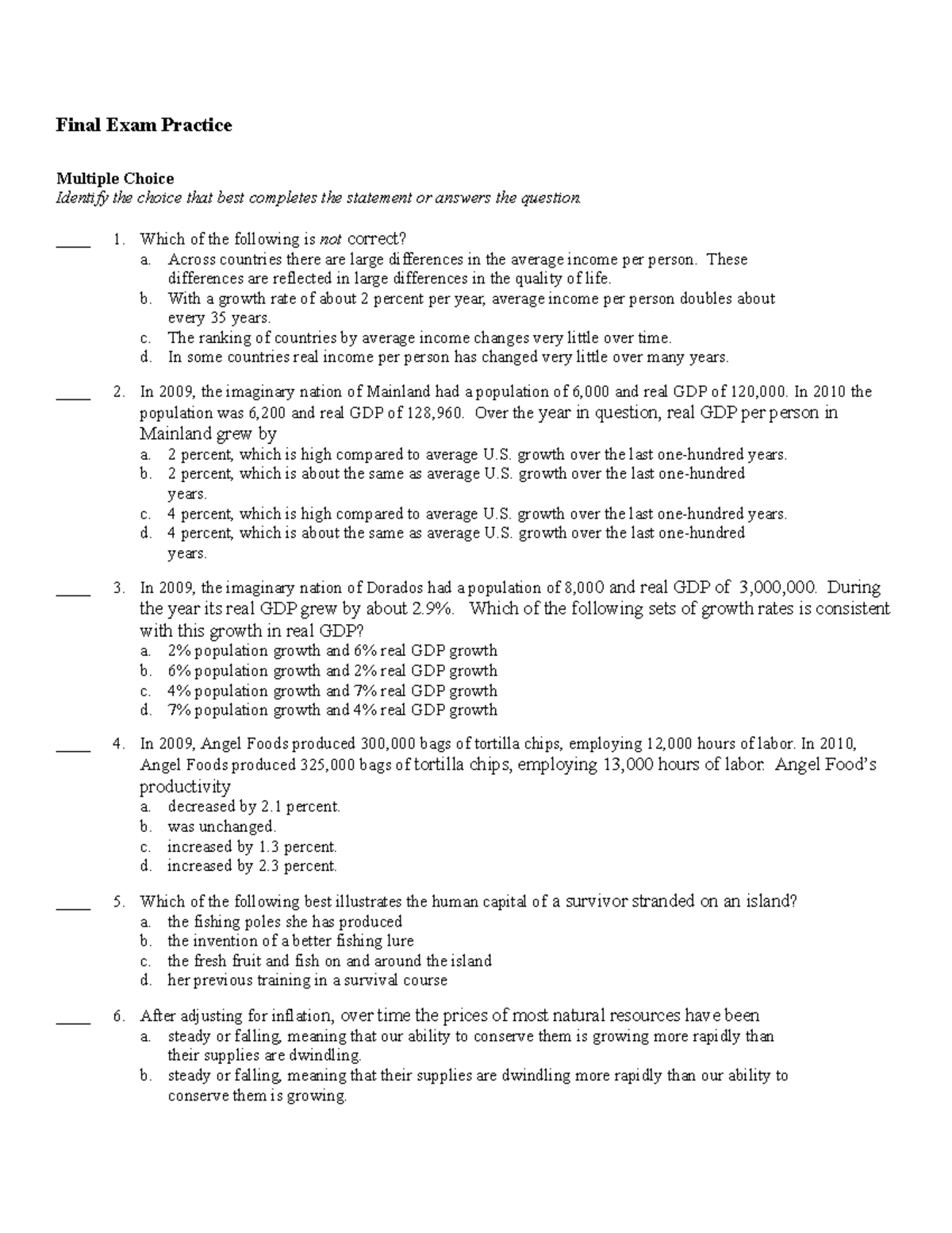 Econ+1-Final+Exam+Practice - Final Exam Practice Multiple Choice ...