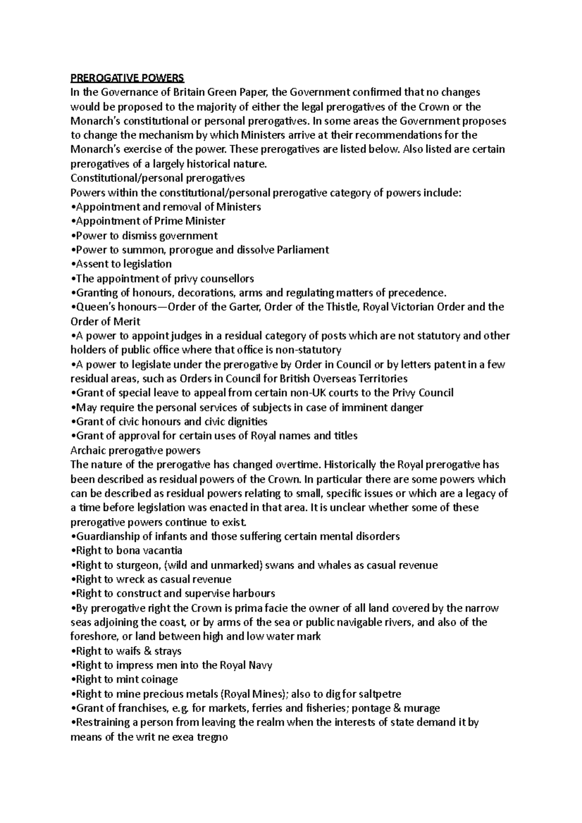 Prerogative Powers - Lecture notes 5 - PREROGATIVE POWERS In the ...
