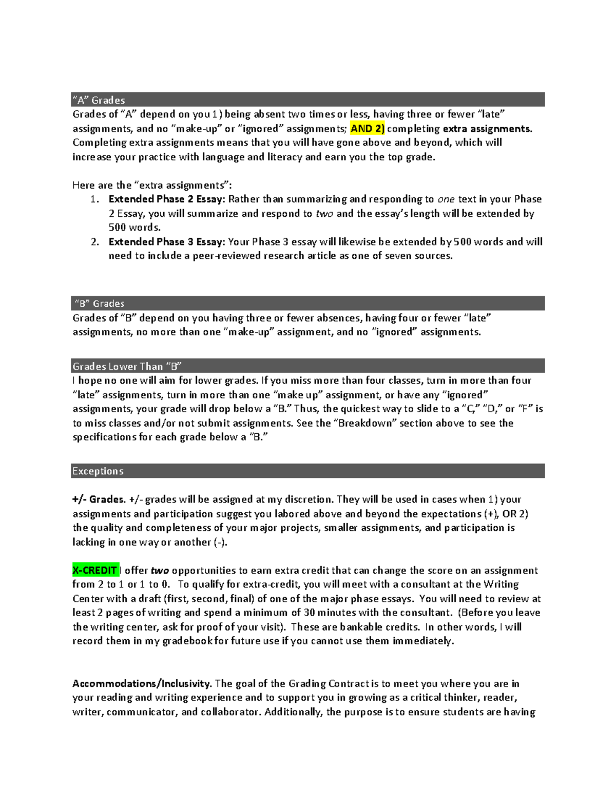 Grading contract. pg 3 - “A” Grades Grades of “A” depend on you 1 ...