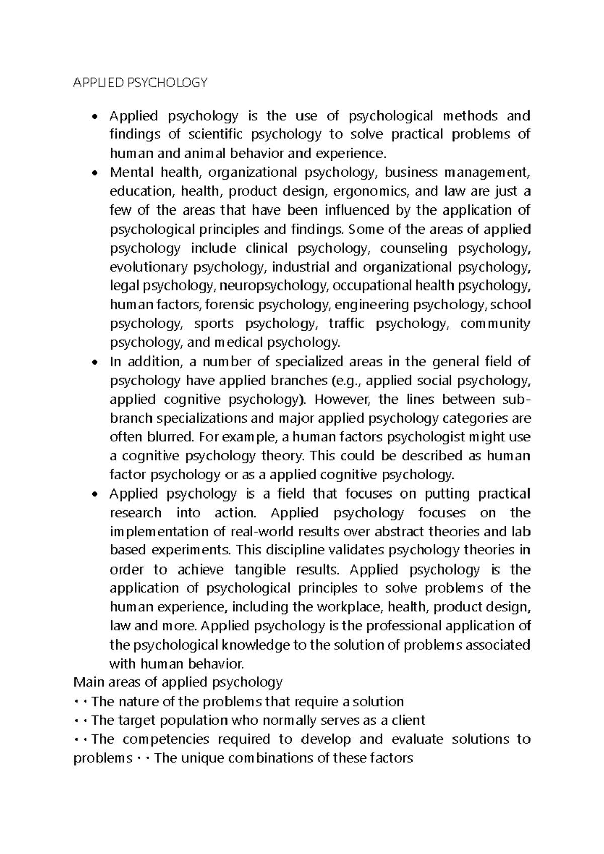 Applied psycho - Notes - APPLIED PSYCHOLOGY Applied psychology is the ...