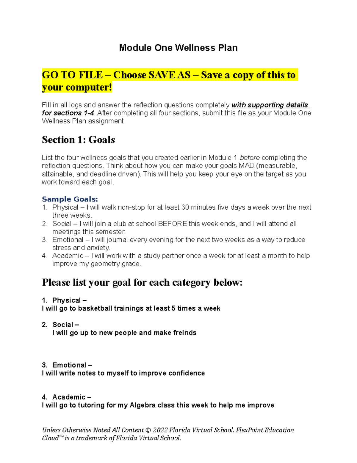 Module one wellness plan1 - Module One Wellness Plan GO TO FILE ...