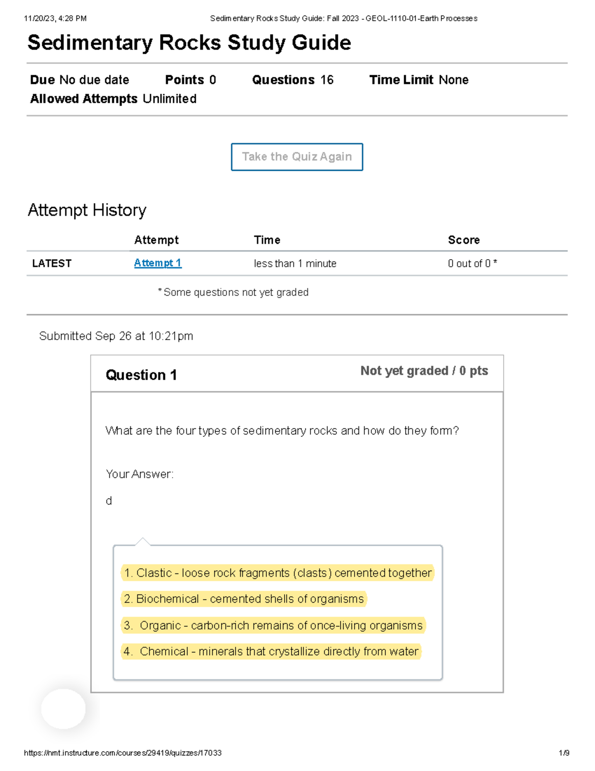 Sedimentary Rocks Study Guide Fall 2023 - GEOL-1110-01-Earth Processes ...