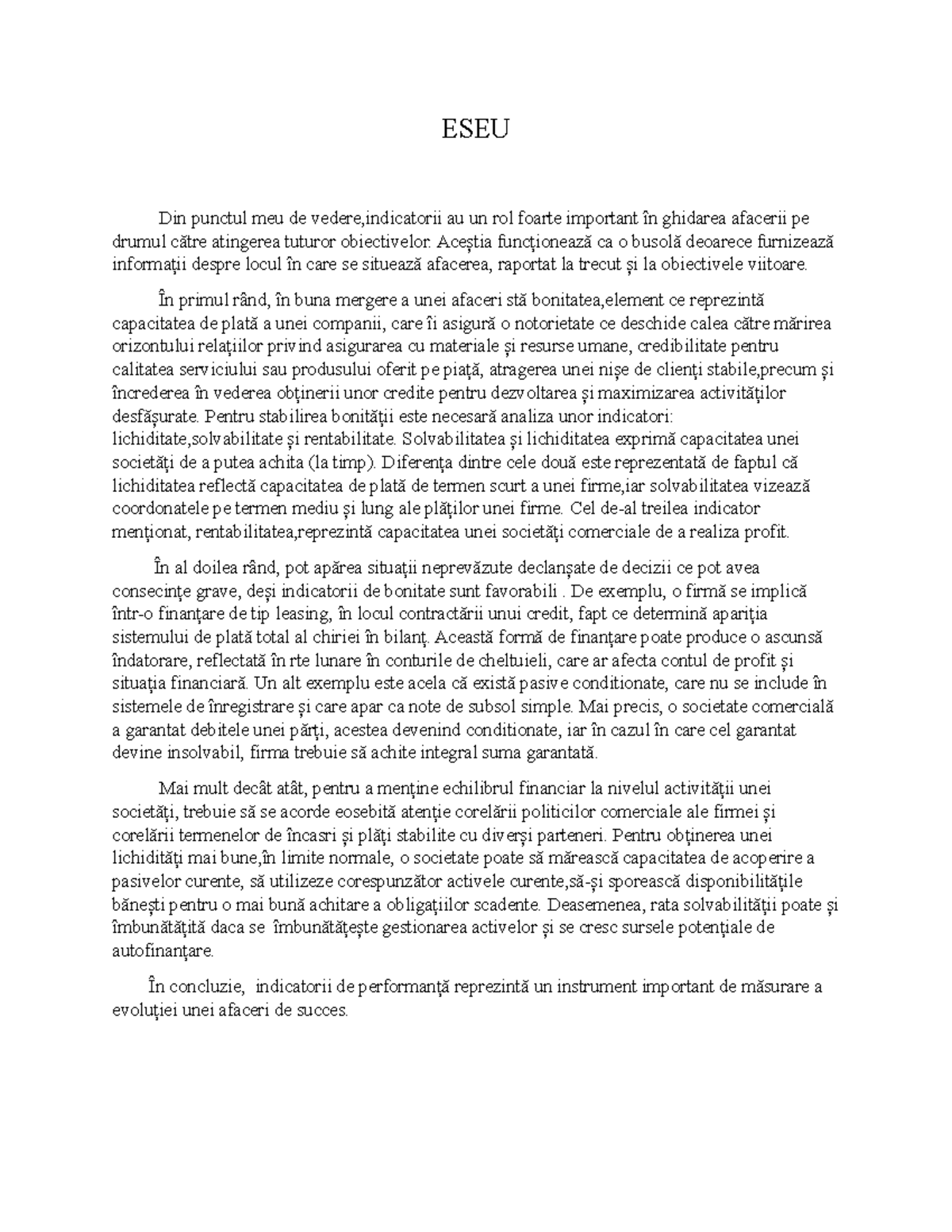 Eseu- Master - ESEU Din punctul meu de vedere,indicatorii au un rol ...